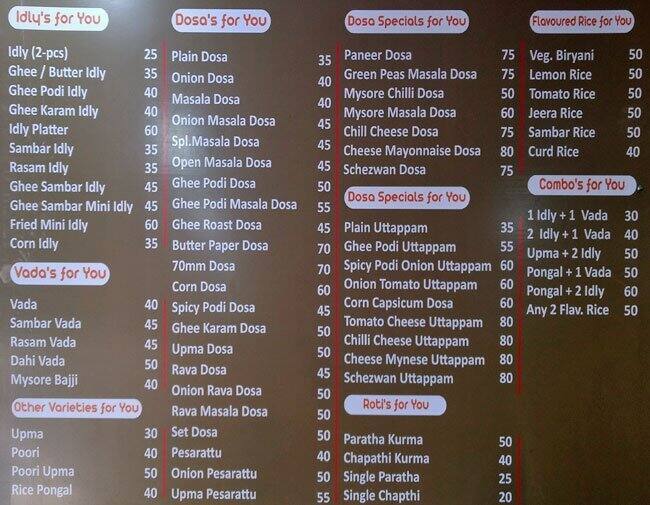 Idly Dosa for You Menu, Menu for Idly Dosa for You, Miyapur, Hyderabad ...