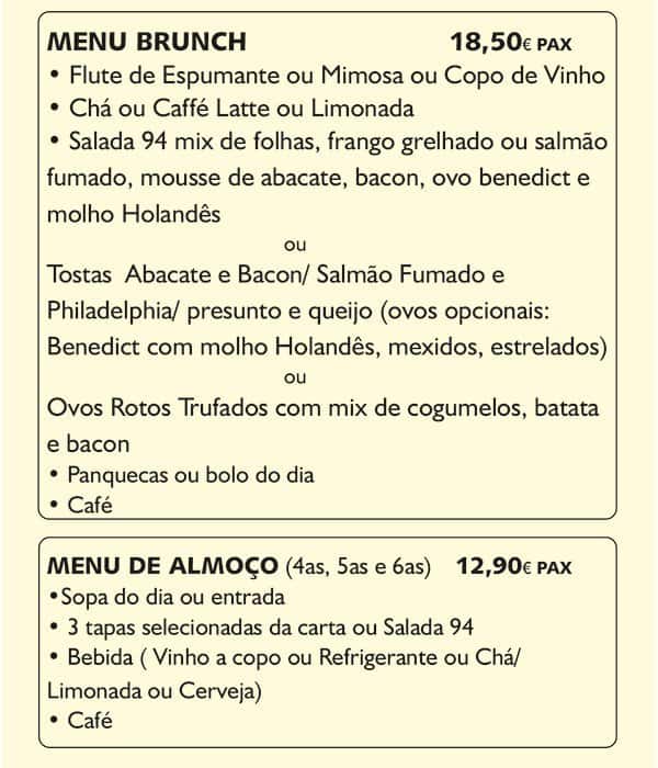 Menu at Posto 94 restaurant, Matosinhos