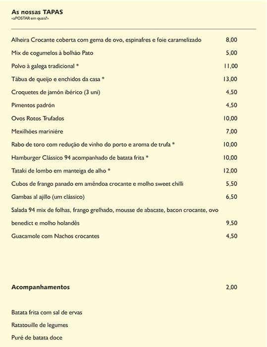 Menu at Posto 94 restaurant, Matosinhos