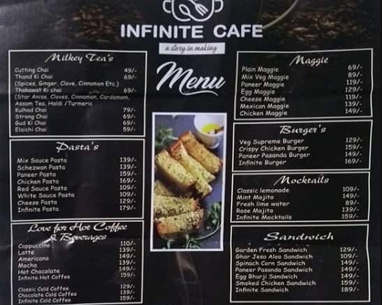 Menu of Infinite Cafe, Connaught Place, New Delhi