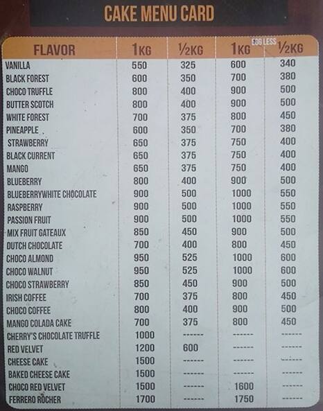 Menu of Cherry's Bakery & Confectionary, Kodambakkam, Chennai