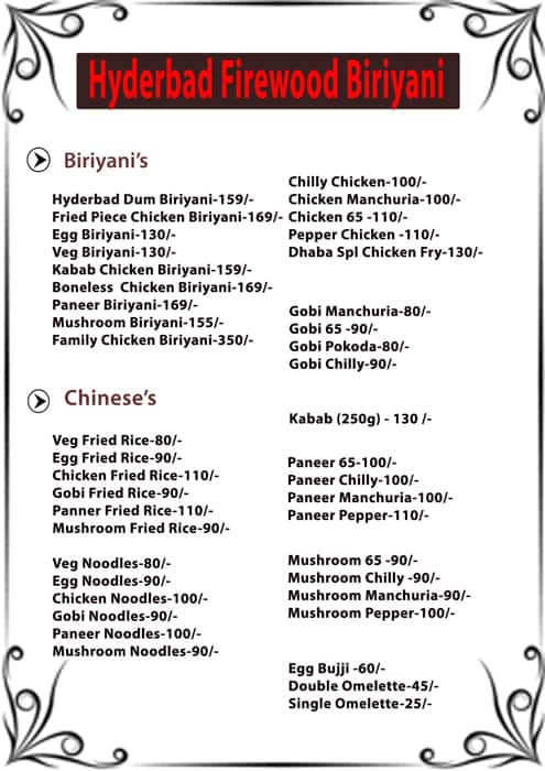 Menu of Hyderbad Firewood Biryani, Marathahalli, Bangalore