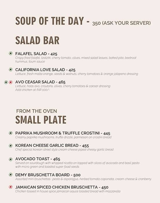 Menu of Demy, Lower Parel, Mumbai