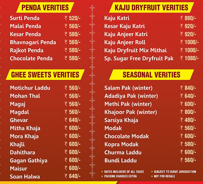 Menu of Mohan Mithai, Karanj, Surat