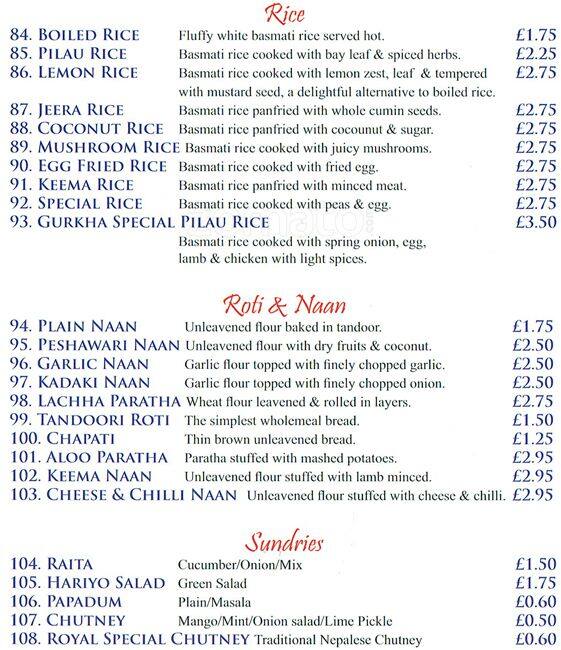 Menu at Royal Gurkha restaurant, New Malden, 24 Coombe Rd