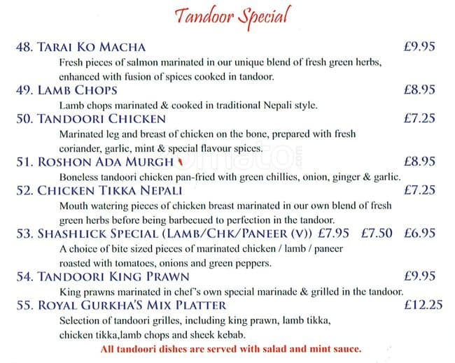 Menu at Royal Gurkha restaurant, New Malden, 24 Coombe Rd