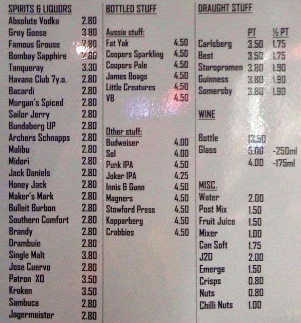 Menu at The Oz Bar, Edinburgh