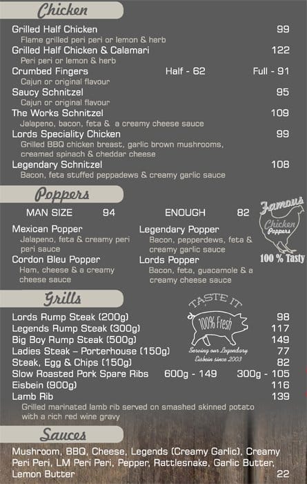 Menu at LORDS & LEGENDS SPORTS CAFE BRIGHTON BEACH, Durban