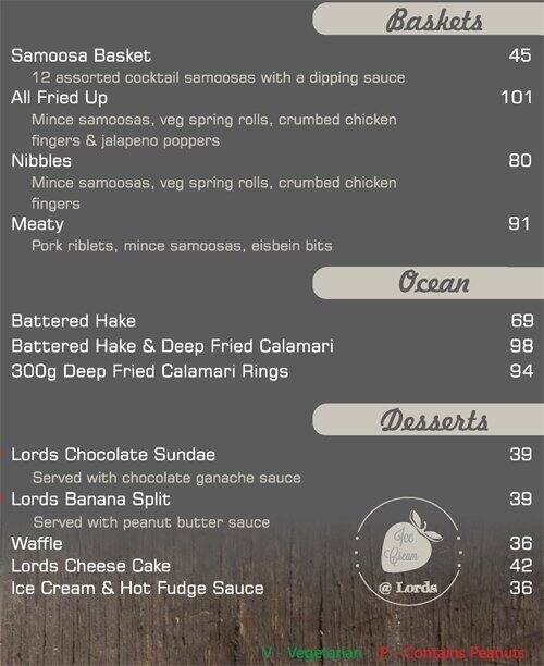 Menu at LORDS & LEGENDS SPORTS CAFE BRIGHTON BEACH, Durban