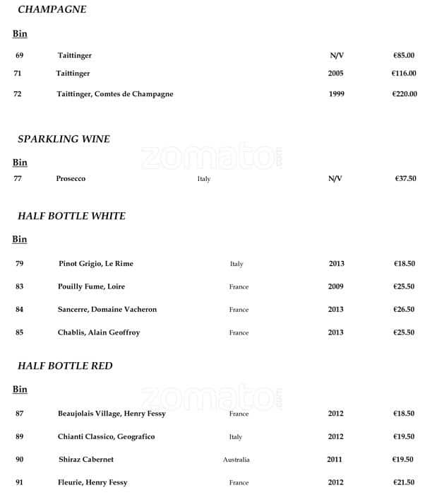Menu at Herbert Park Hotel and Park Residence restaurant, Dublin
