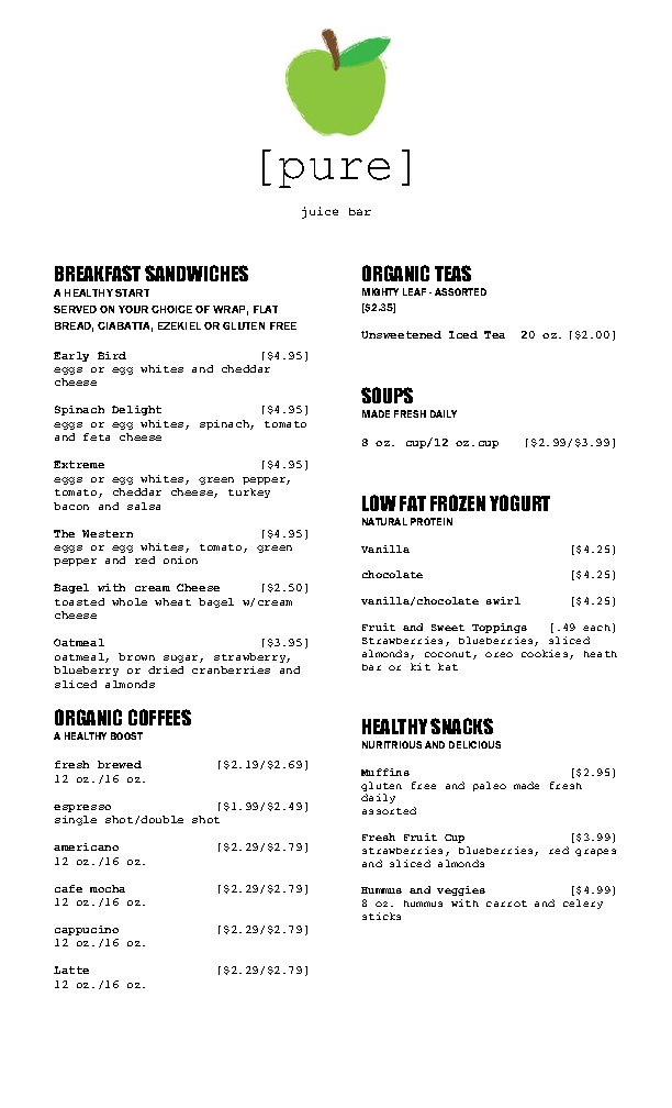 Menu at Pure Cafe, Southlake