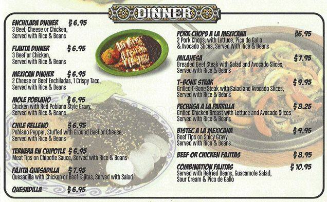 Menu at La Poblana restaurant, Arlington