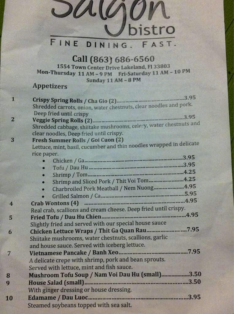 Menu at Saigon Bistro restaurant, Lakeland