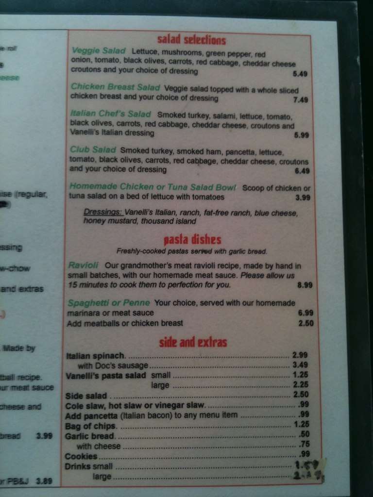 Menu at Vanelli's Deli restaurant, Germantown