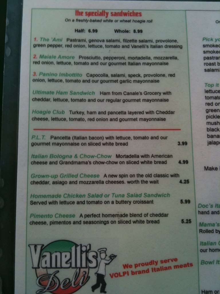 Menu at Vanelli's Deli restaurant, Germantown