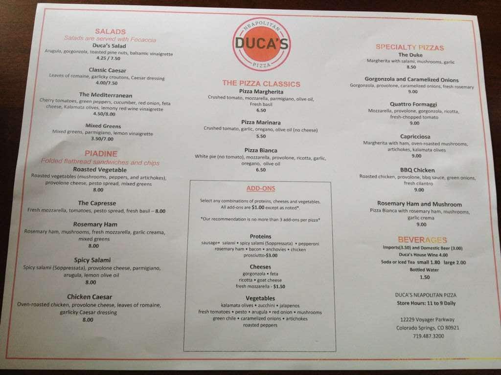 Duca's Neapolitan Pizza Menu - Urbanspoon/Zomato