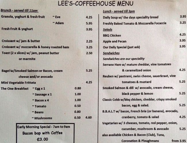 Menu at lee's coffeehouse cafe, London
