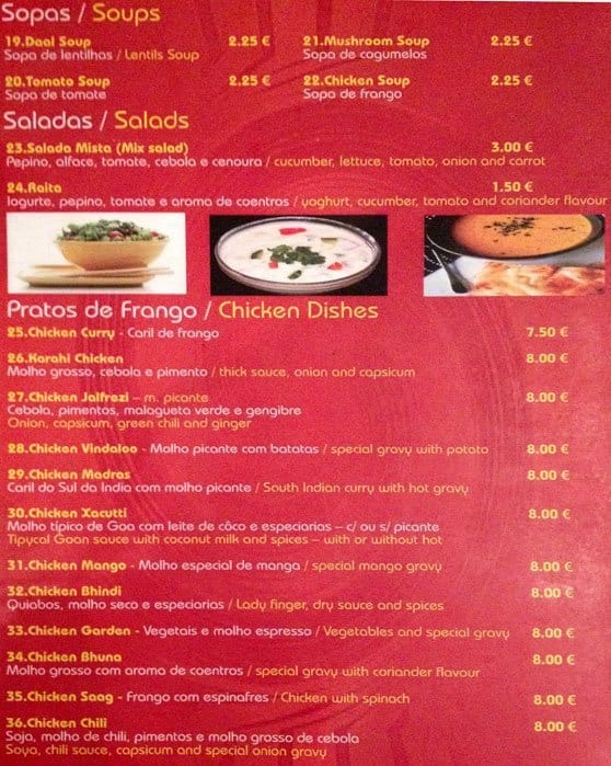 Menu em Taj Palace restaurante, Amora