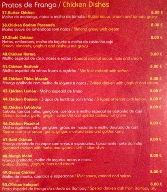 Menu em Taj Palace restaurante, Amora