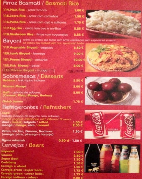 Menu em Taj Palace restaurante, Amora