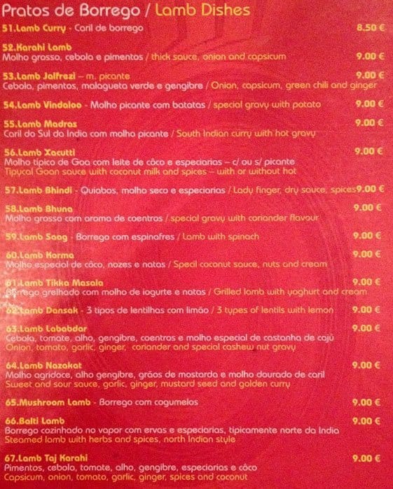 Menu em Taj Palace restaurante, Amora