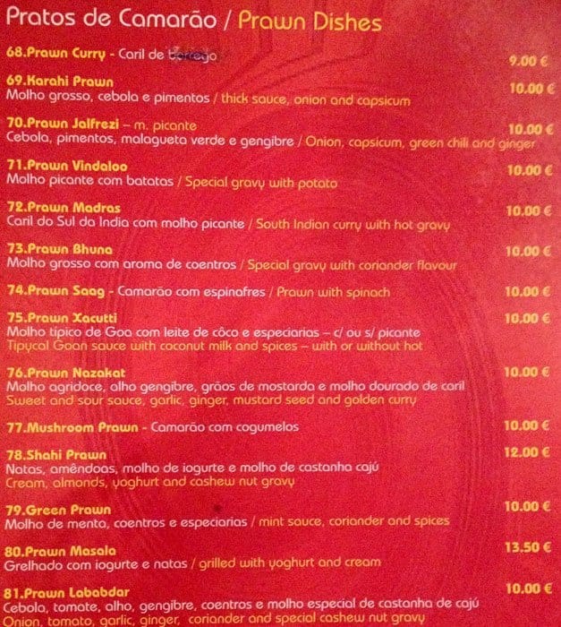 Menu em Taj Palace restaurante, Amora