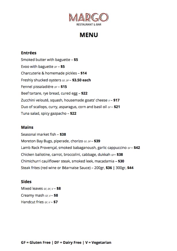 Margo Restaurant & Bar Menu - Urbanspoon/Zomato