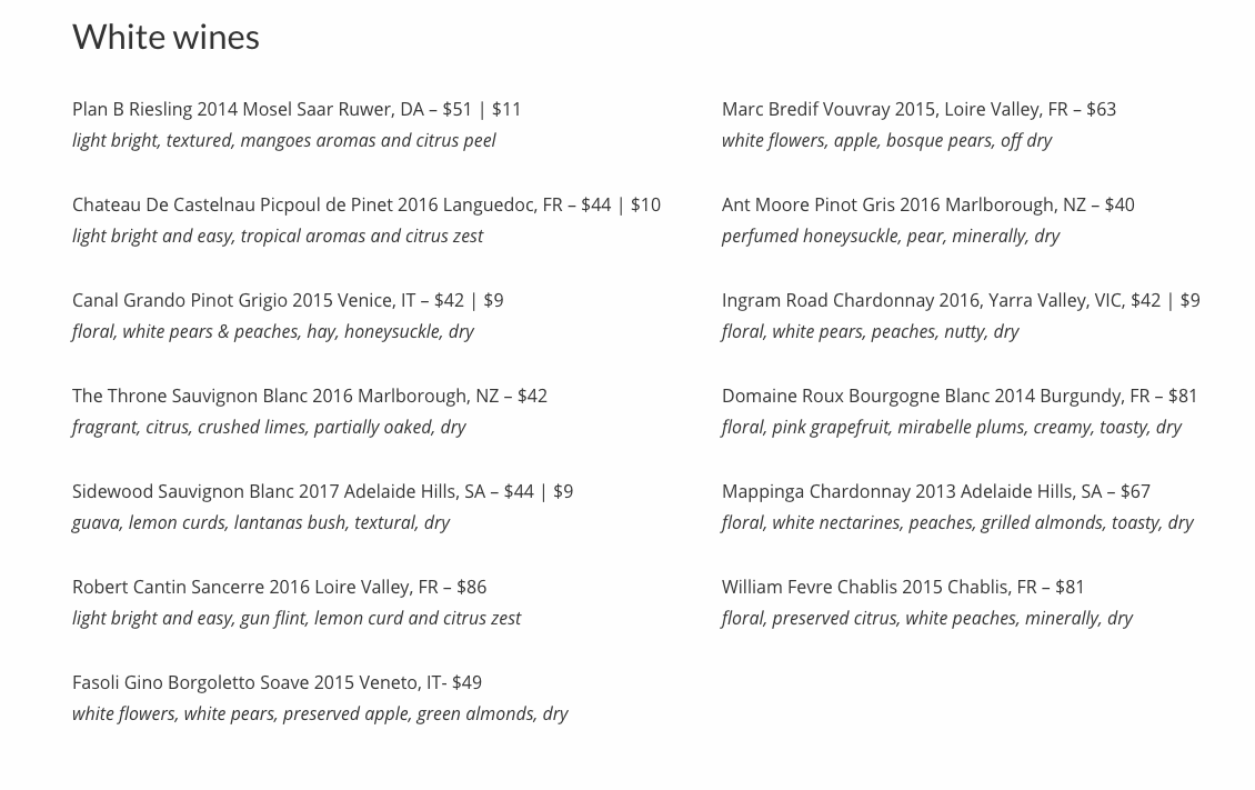 Menu at Margo Restaurant and Bar, Brisbane City