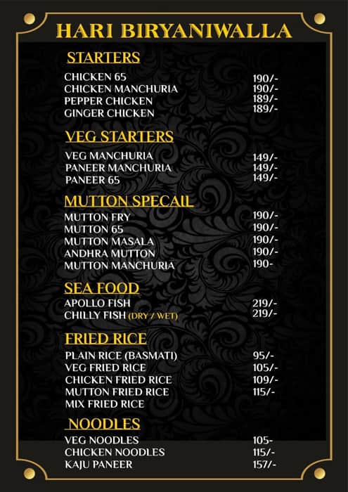 Menu of Hari Biryaniwalaa, Manikonda, Hyderabad