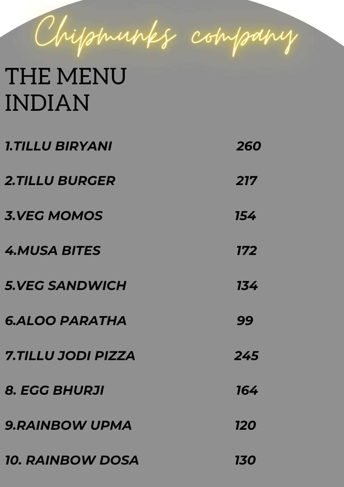 Menu of The Chipmunks, Masab Tank, Hyderabad