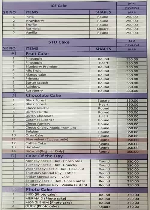 Menu of Monginis Cake Shop, Expressway, Pune