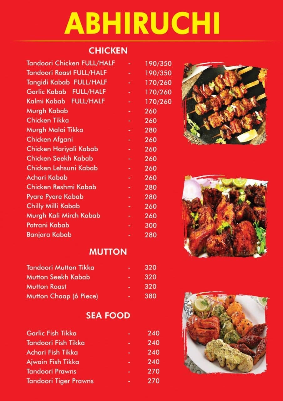 Menu of Abhiruchi, Nizampet, Hyderabad