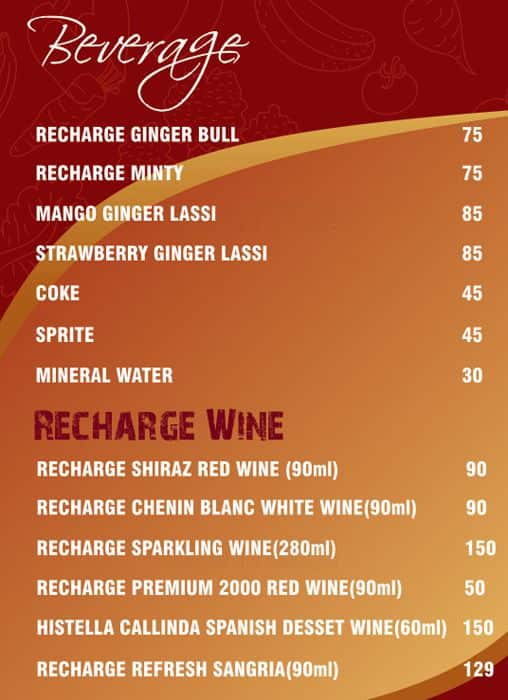 Menu at Recharge Restaurant, Bengaluru, 461