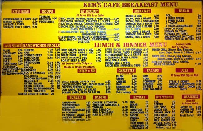 Menu at Kem's Cafe London, London