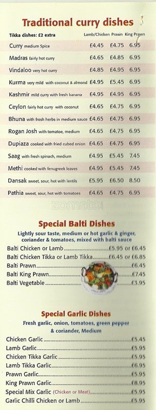 Menu at Taj Mahal restaurant, Thornton Heath, 66 Brigstock Rd