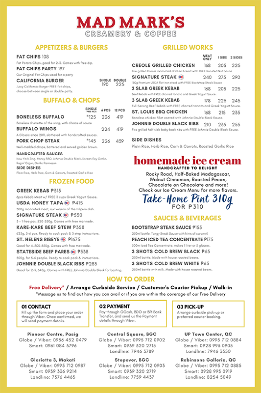 Menu at Mad Mark's restaurant, Pasig, Pioneer St