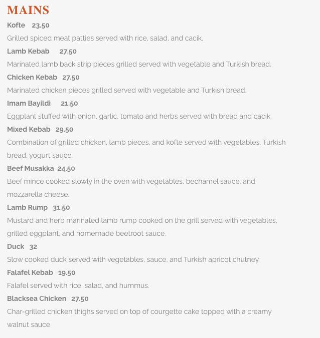 Carta de ANGORA RESTAURANT, Auckland