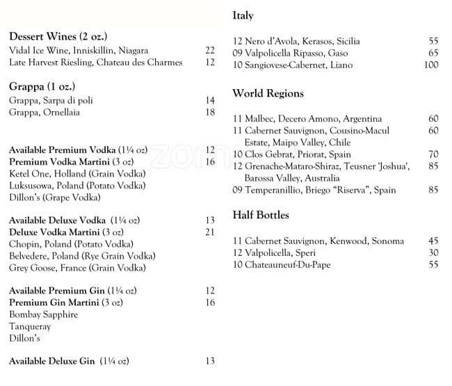 Menu at Writers Room Bar, Toronto