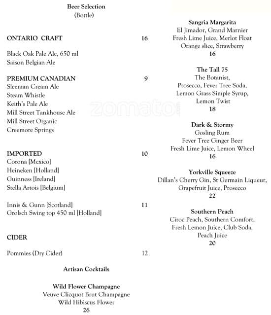 Menu at Writers Room Bar, Toronto