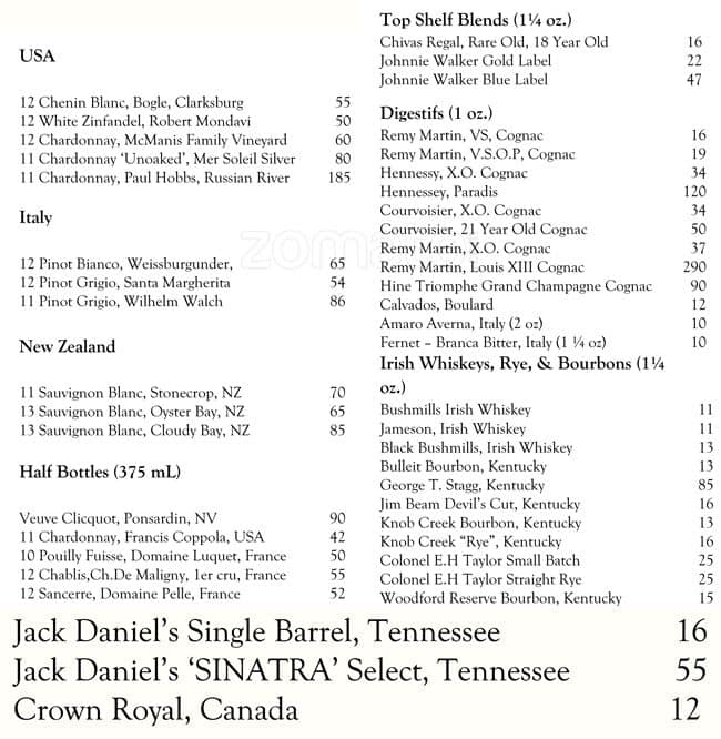 Menu at Writers Room Bar, Toronto