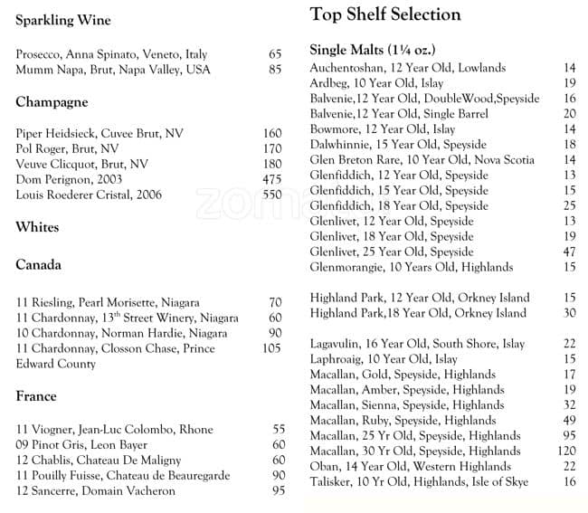 Menu at Writers Room Bar, Toronto