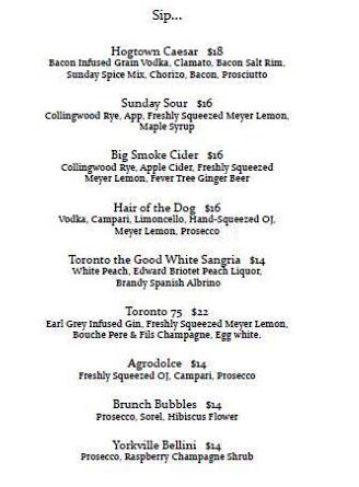 Menu at Writers Room Bar, Toronto