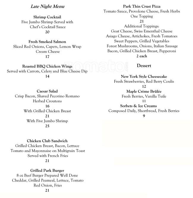 Menu at Writers Room Bar, Toronto