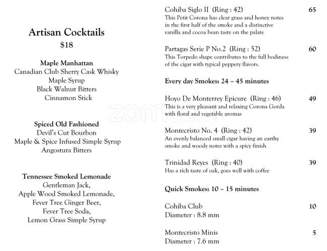 Menu at Writers Room Bar, Toronto