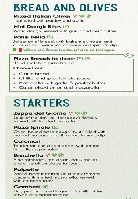 Menu at Bella Italia pizzeria, Nottingham, Forman Street