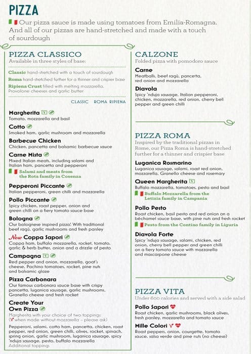 Menu at Bella Italia pizzeria, Nottingham, Forman Street