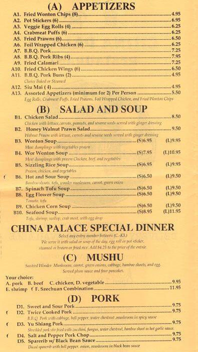 China Palace Menu, Menu for China Palace, Walnut Creek, Walnut Creek ...
