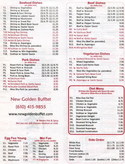 Menu at New Golden Buffet restaurant, Phoenixville