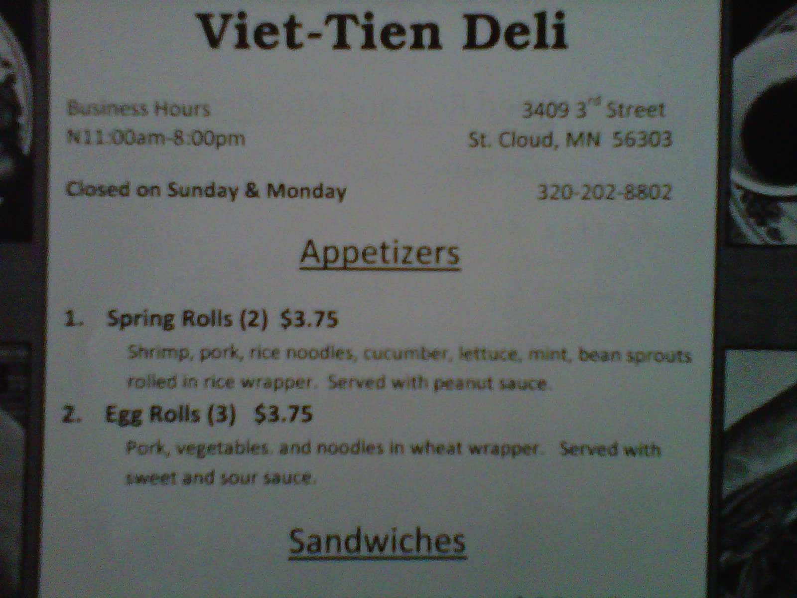 Menu at Viet Tien Market restaurant, Waite Park
