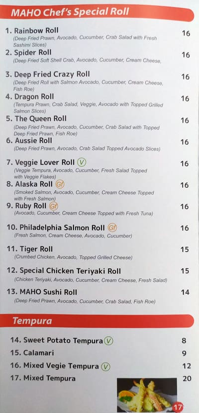 Menu at Sushi Maho restaurant, The Gap
